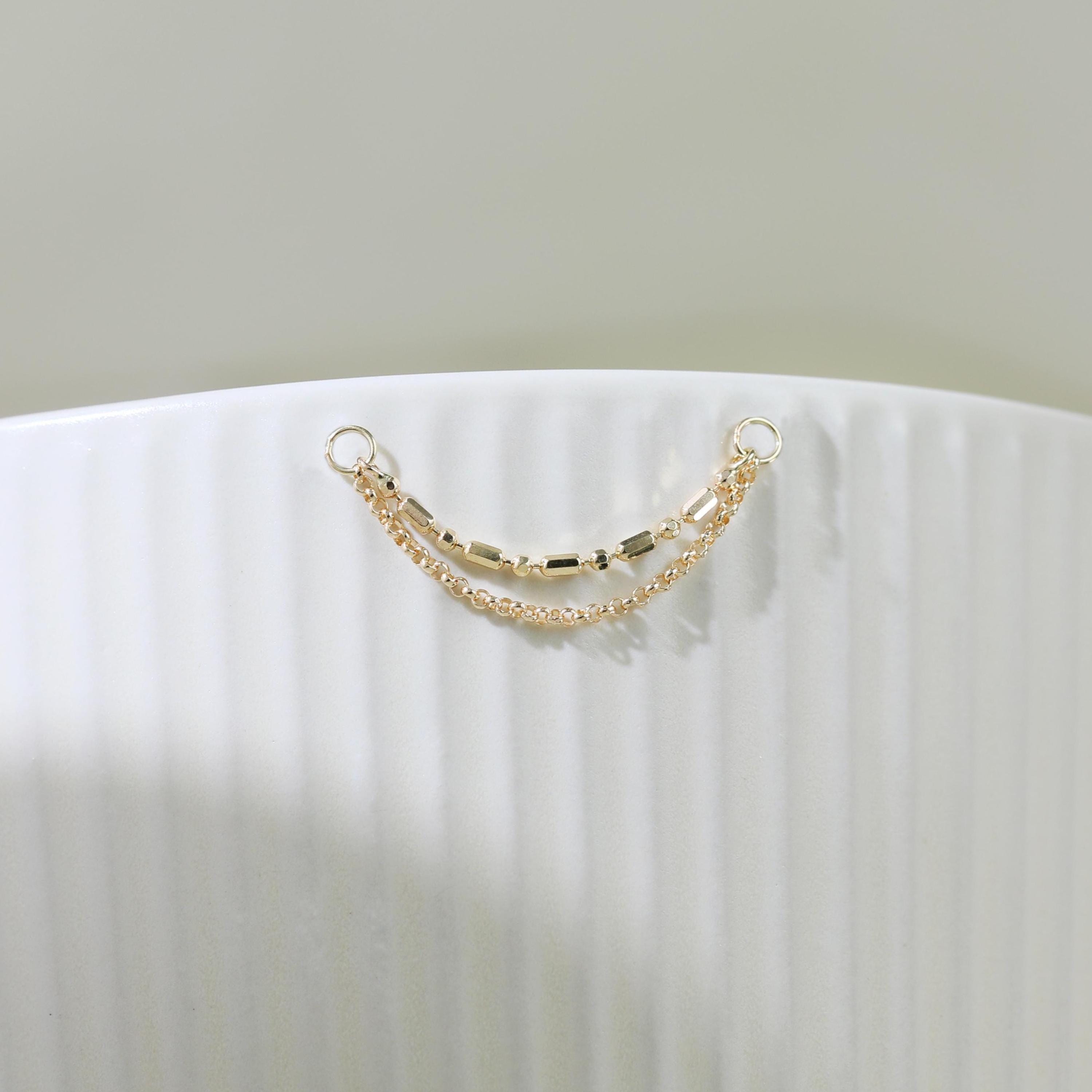 14K Solid Gold Double Chain Attachment Minimalist Drape Chain Connector ...