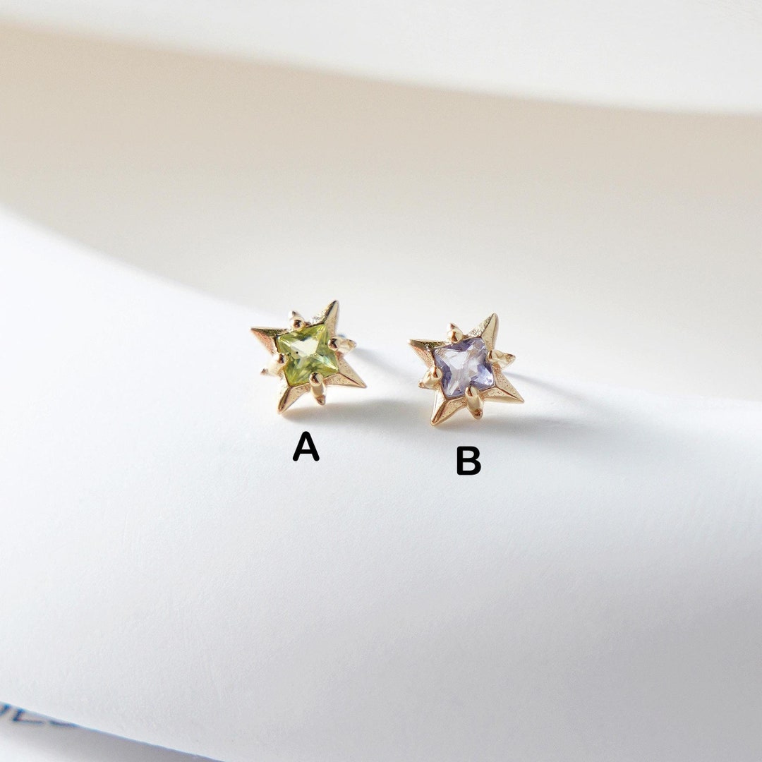 14K Solid Gold Peridot Iolite Stud Earring Celestial Star Sun Starburst ...