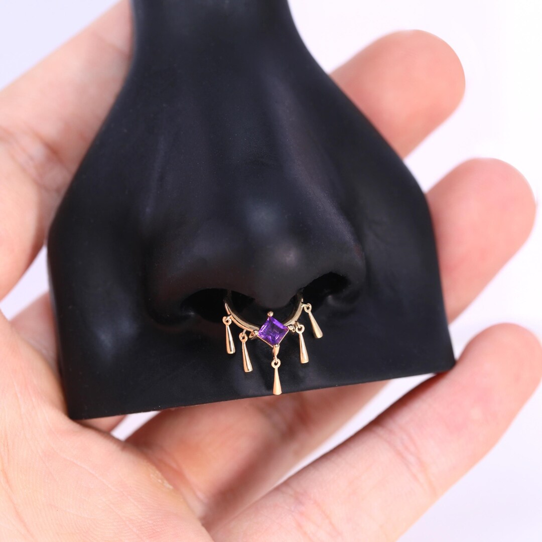 14k Solid Gold Square Amethyst Hinged Clicker Seamless Nose Ring Dangle ...
