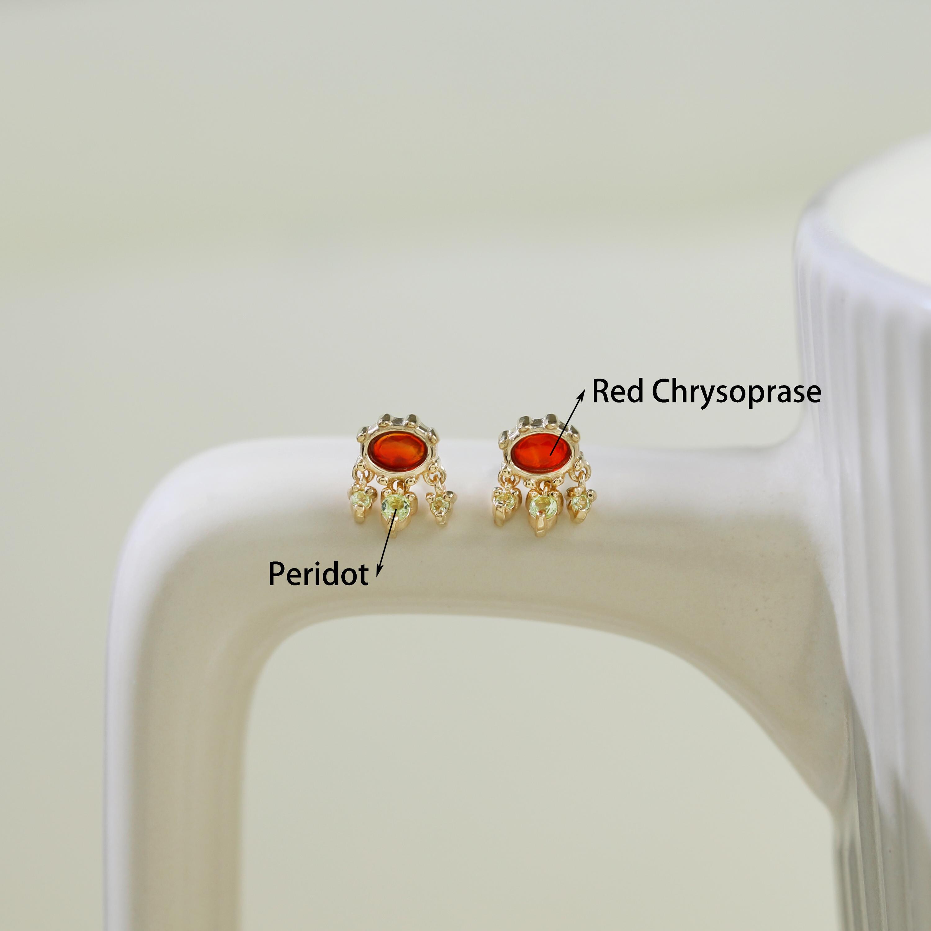 14K Solid Gold Red Chrysoprase Peridot Dangle Earring Geometric ...