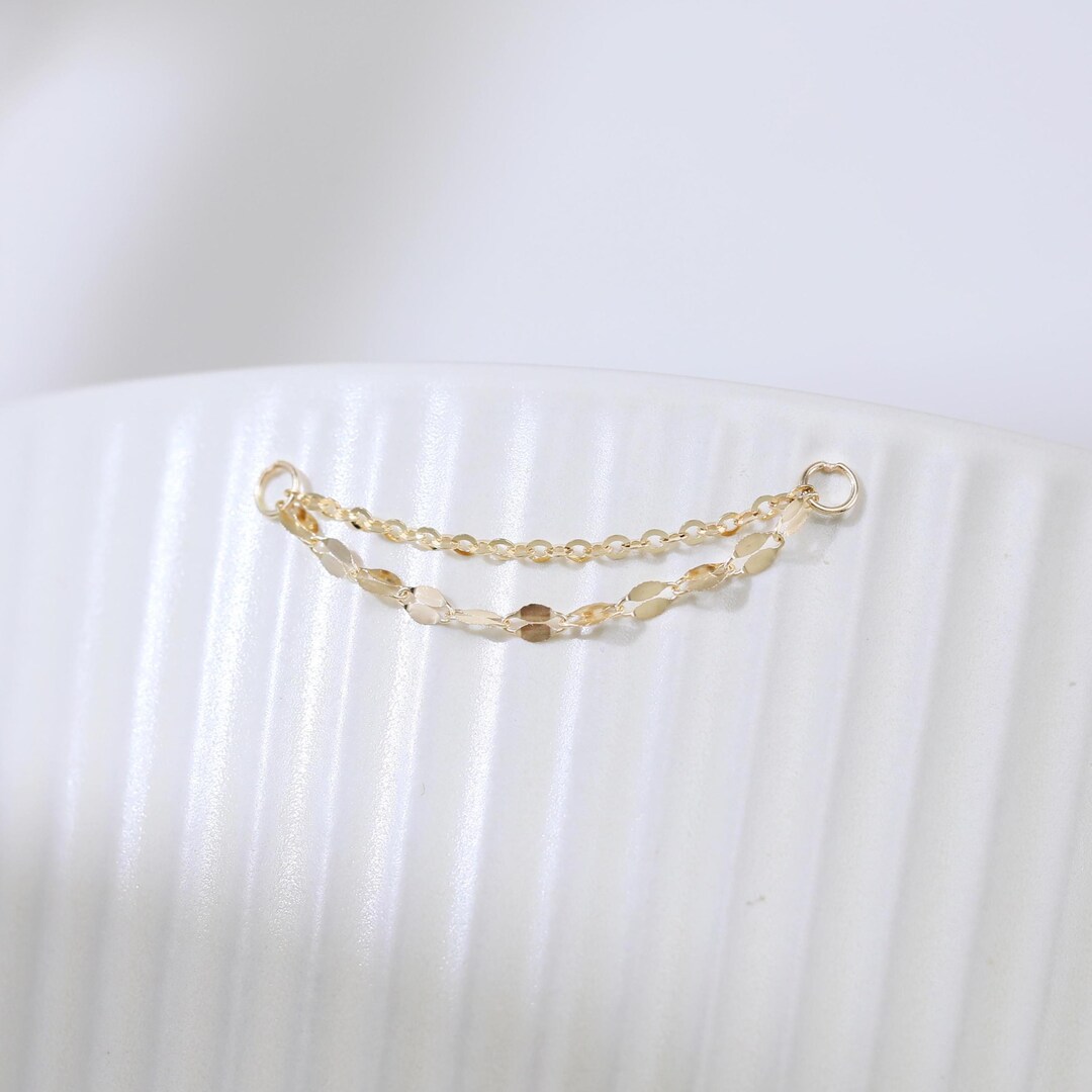 14K Solid Gold Double Chain Attachment Conch Dangle Chain Ear Jacket ...