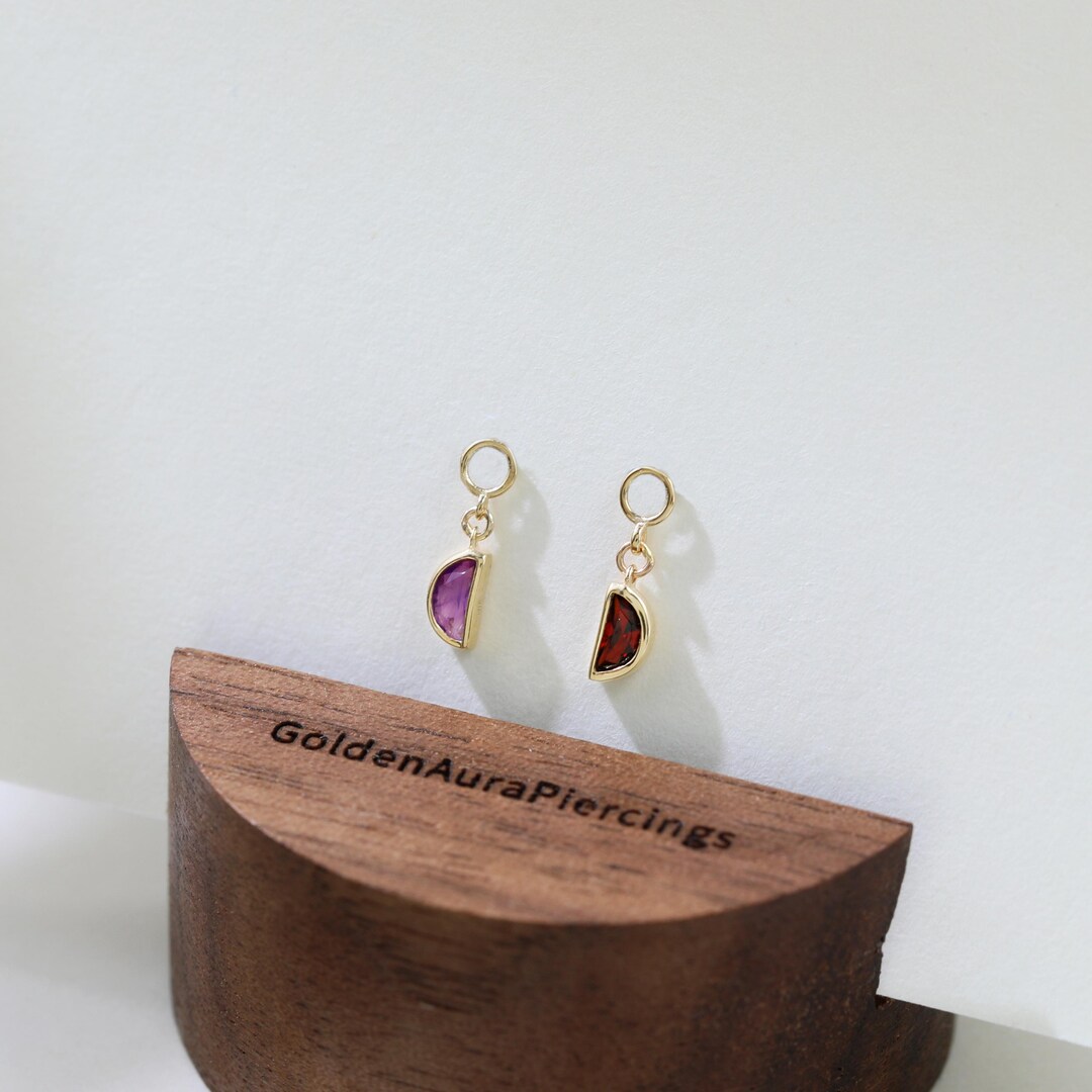 14K Solid Gold Amethyst Garnet Half Circle Charm Semicircle Gemstone ...