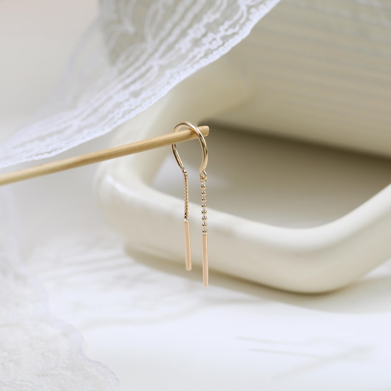 14k Solid Gold Dangle Bead Chain Hook Line Earring Box Chain Drop Bar ...