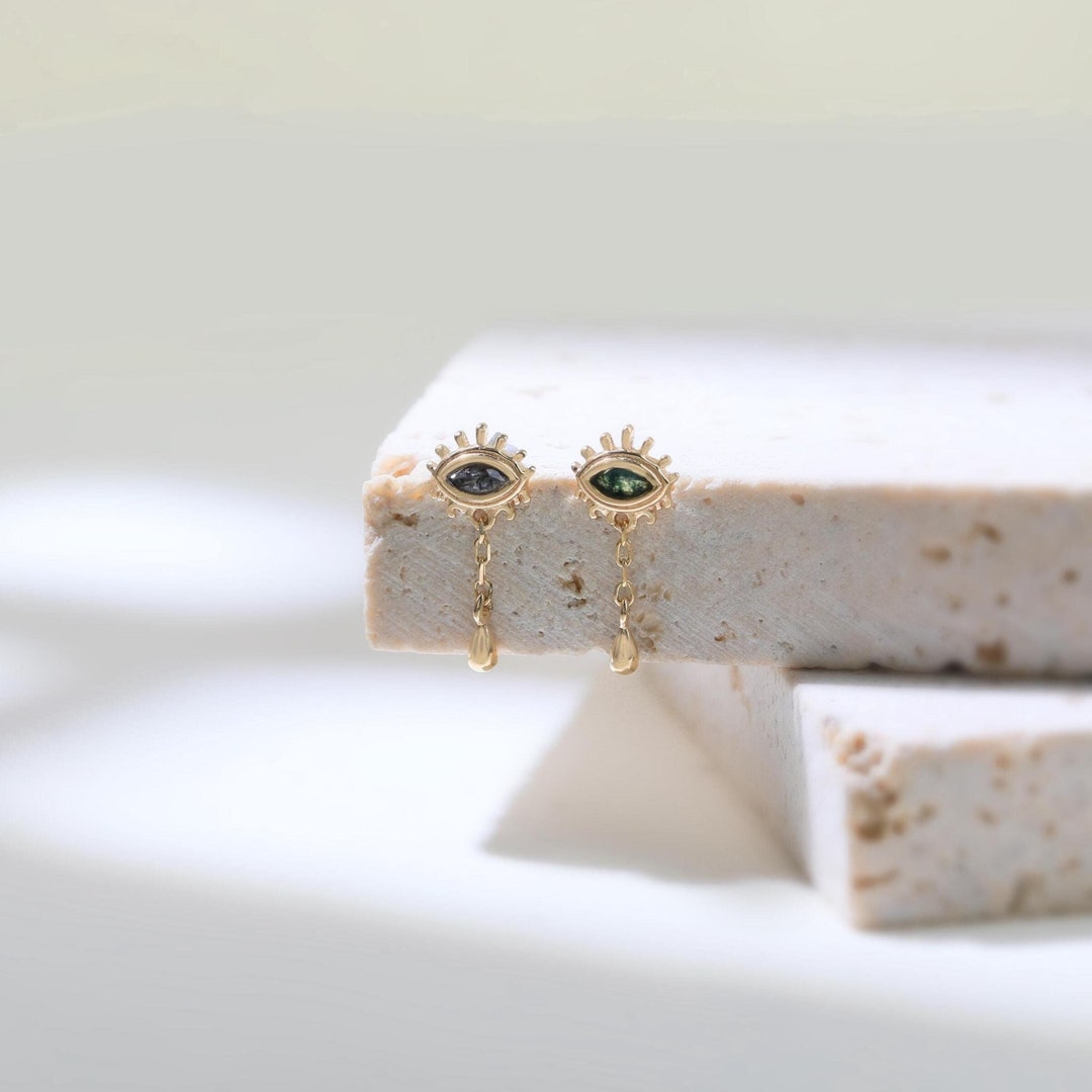 14K Solid Gold Evil Eye Moss Agate Black Hair Quartz Marquise Dangle ...