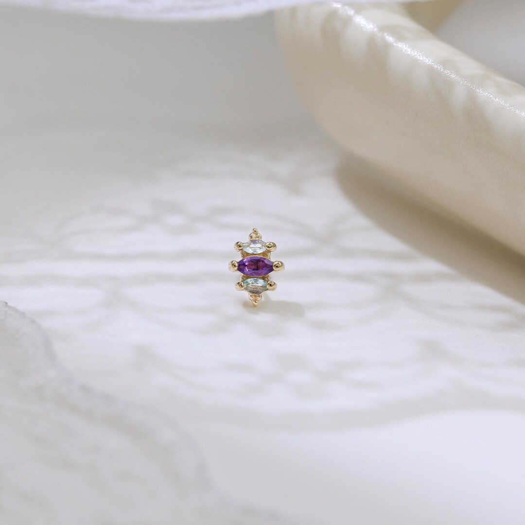 14K Solid Gold Amethyst Cluster Helix Stud Earring Elegant Marquise ...