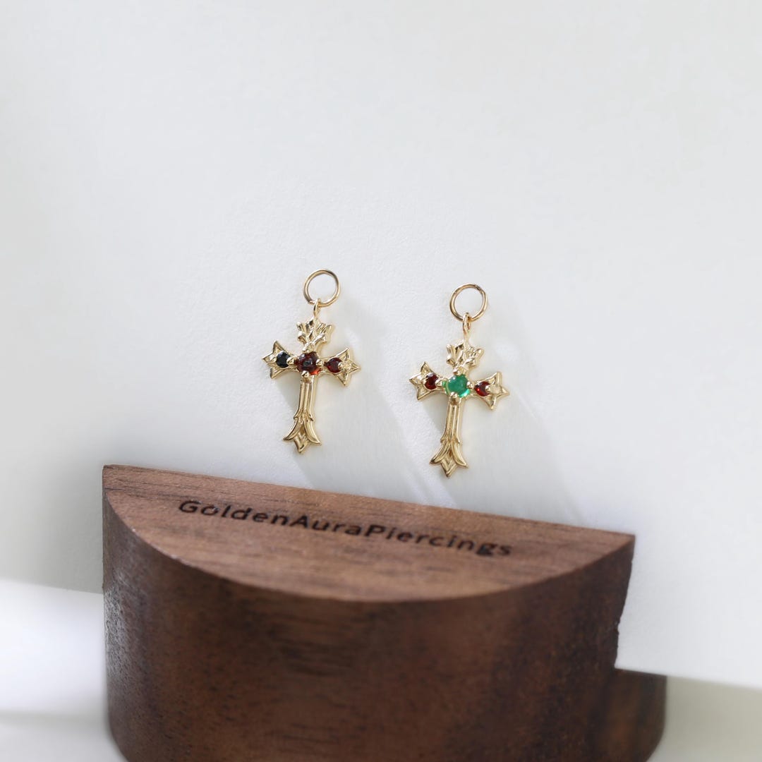 14k Solid Gold Cross Chrysoprase Charm Garnet Black Spinel Dangle Charm ...