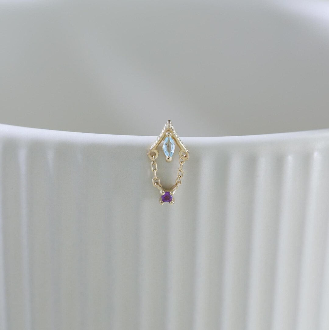 14k Solid Gold Amethyst Swiss Blue Topaz Arrow Chain Dangle Earring ...