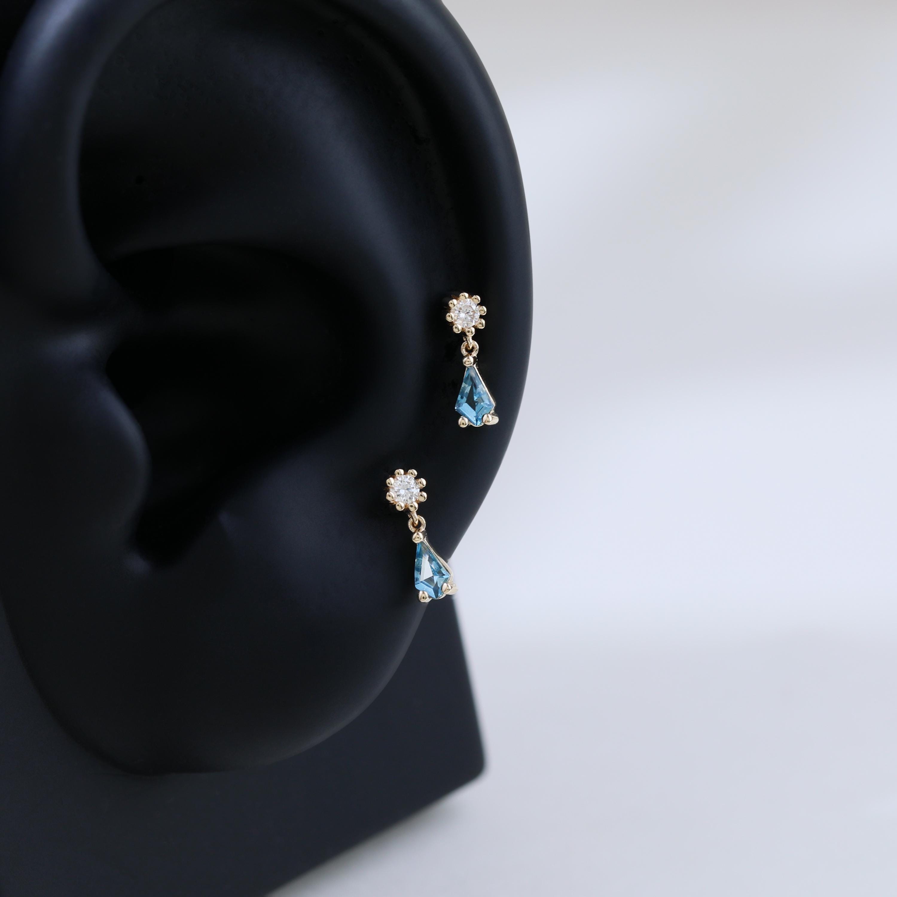 14K Solid Gold London Blue Topaz Moissanite Stud Kite Gemstone Flat ...