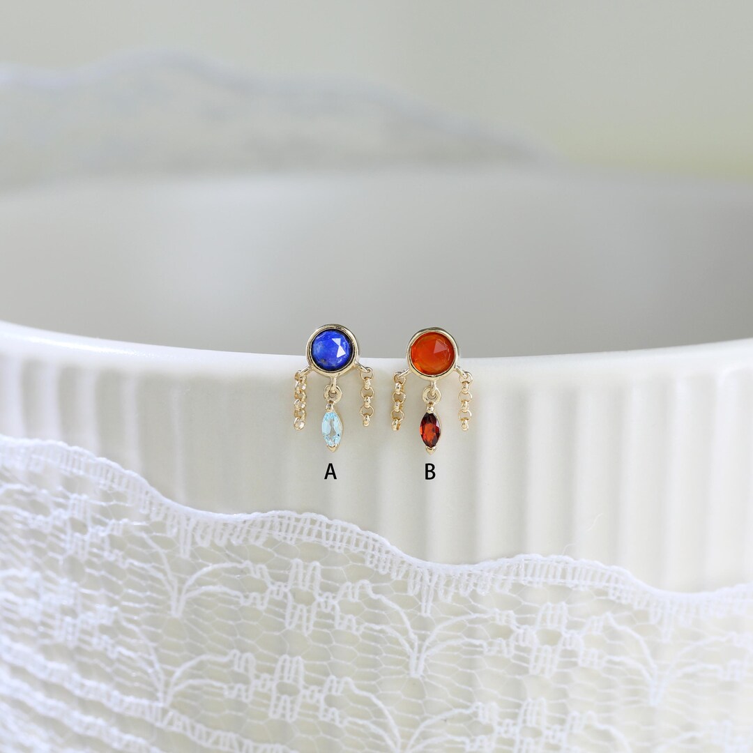 14K Solid Gold Lapis Lazuli Red Chrysoprase Triple Chain Dangle Earring ...