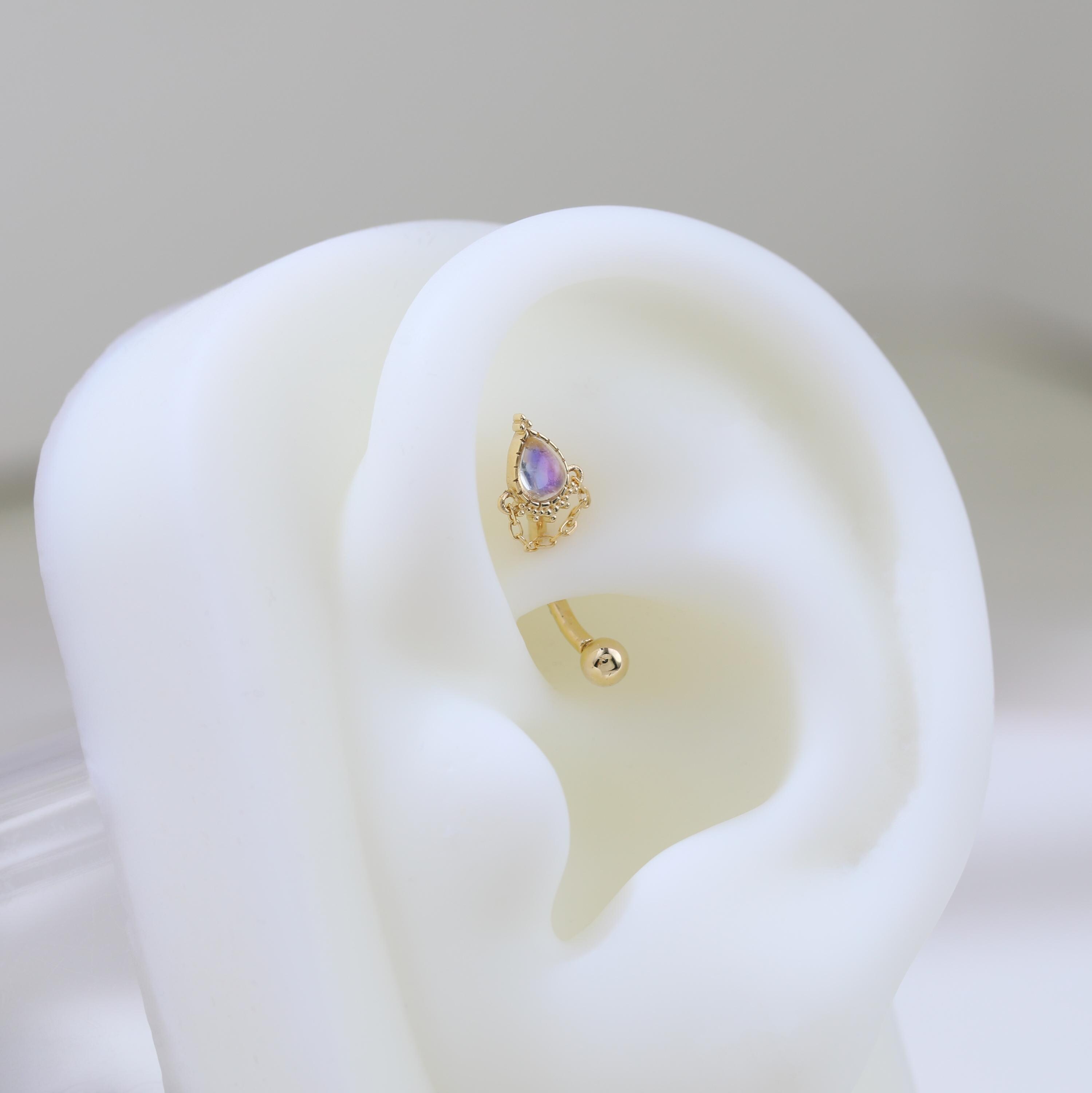 14K Solid Gold Moonstone Teardrop Rook Earring Gemstone Dangle Chain ...