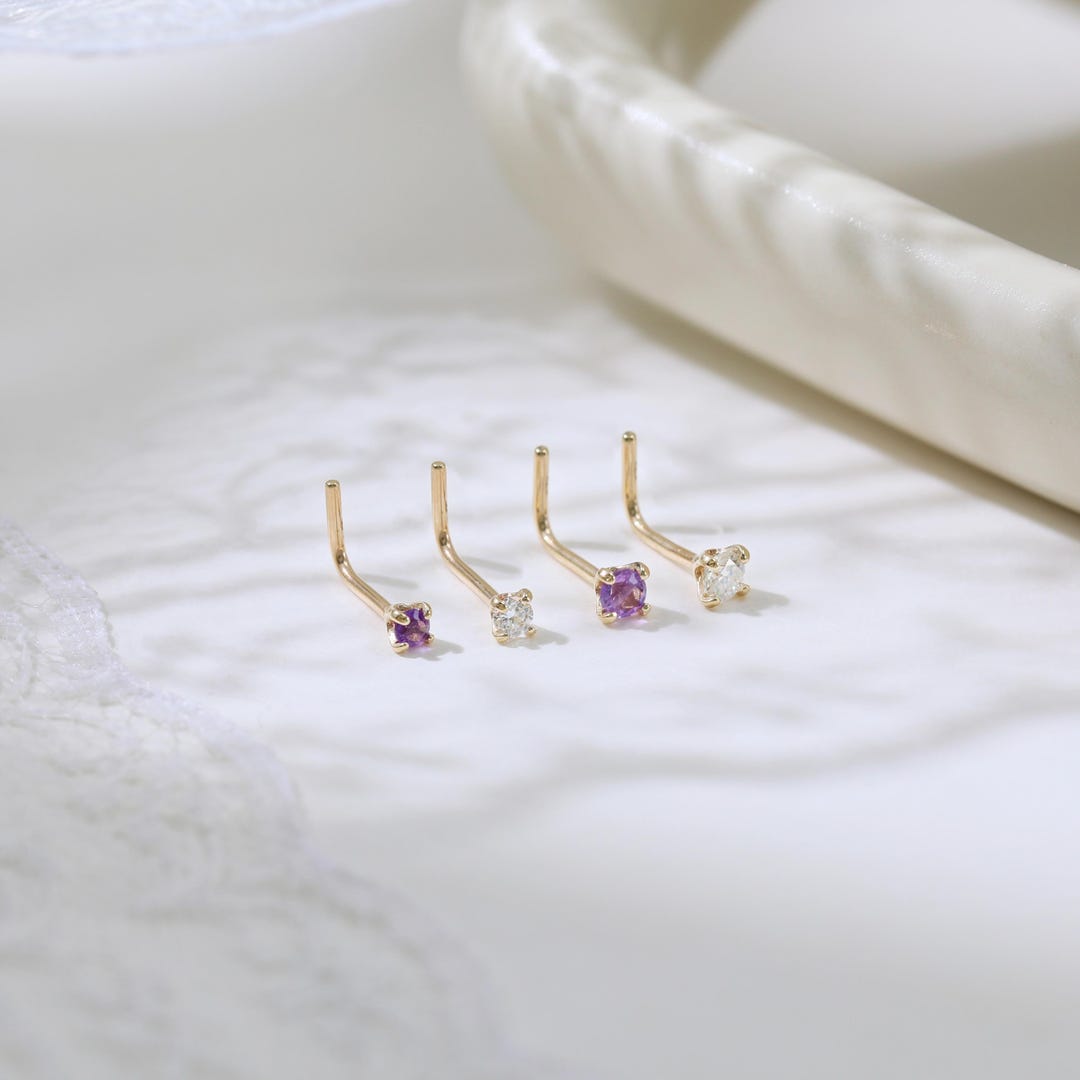 14K Solid Gold Moissanite Round L-shaped Nose Ring Amethyst Multiple ...