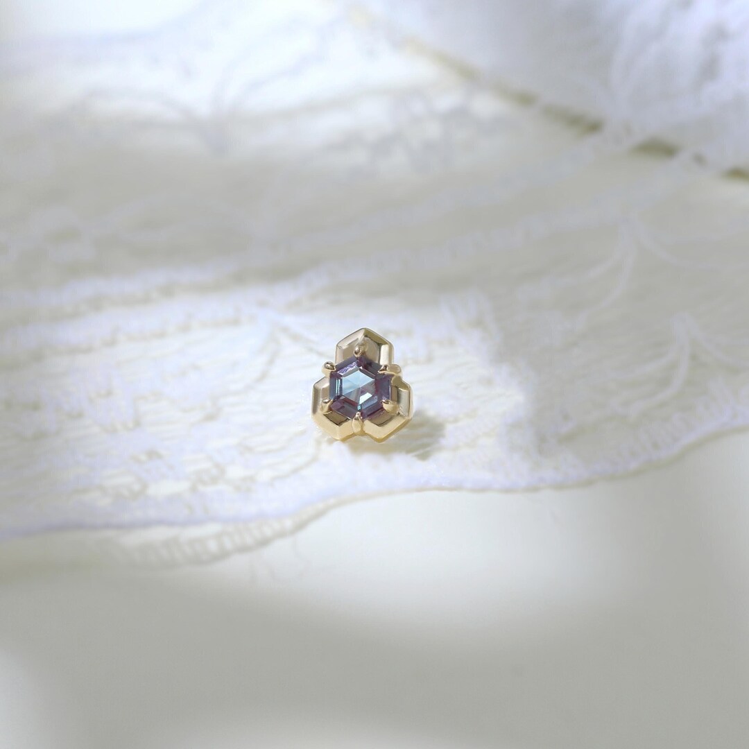 14K Solid Gold Alexandrite Stud Earring Dainty Hexagon Piercing Jewelry ...