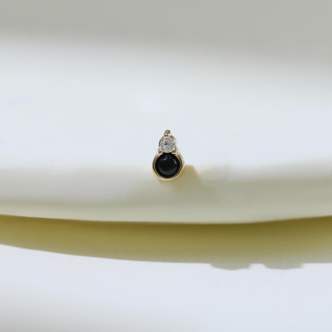 14K Solid Gold Black Onyx Moissanite Earring Tiny Gemstone Cartilage ...