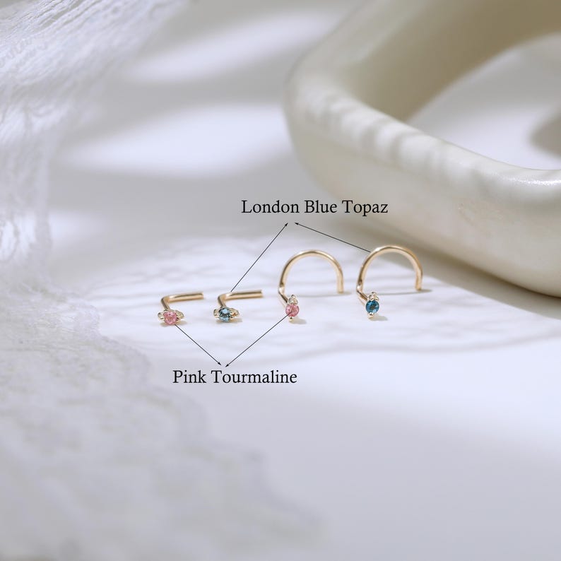 14k Solid Gold London Blue Topaz L-shaped Nose Ring Pink Tourmaline S ...