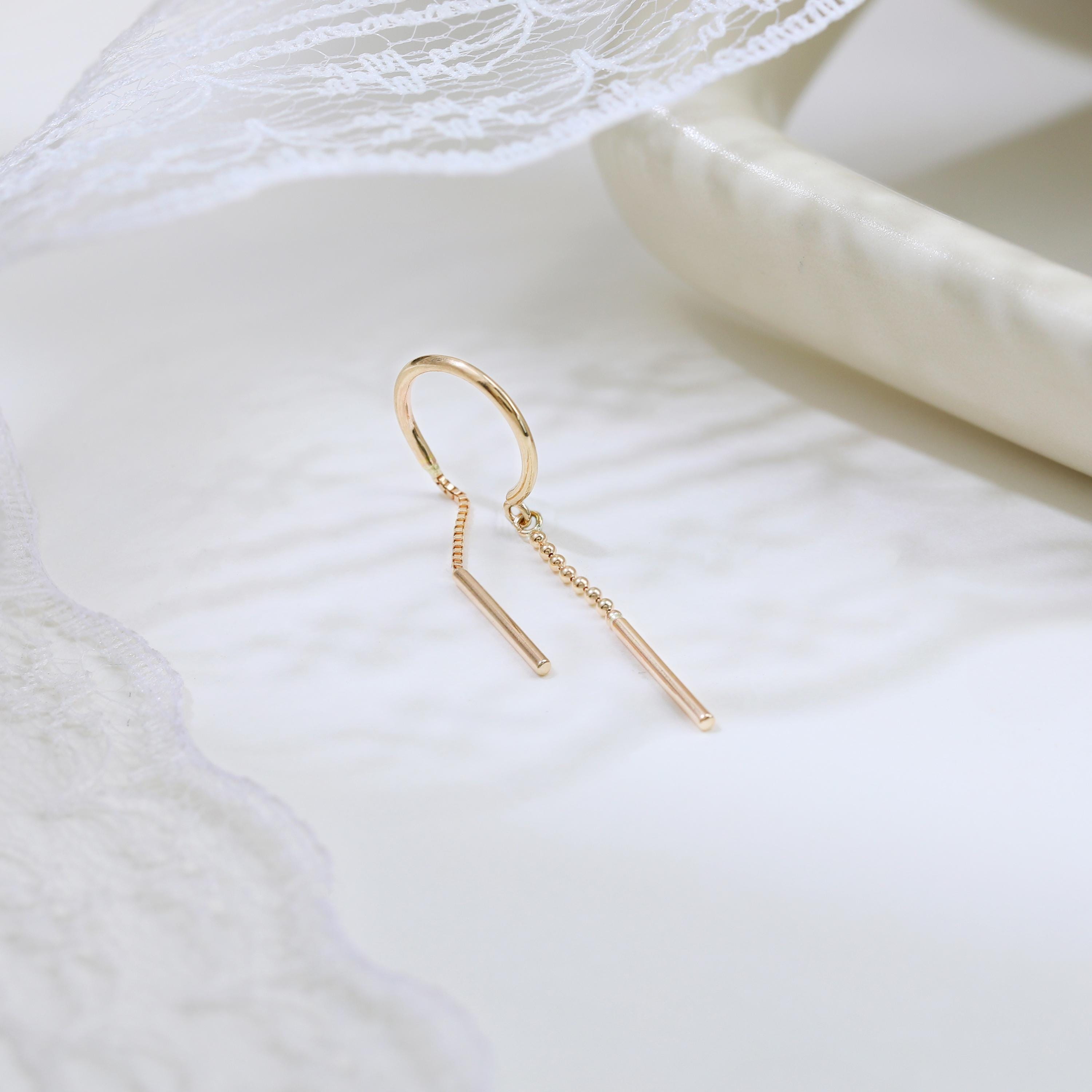14k Solid Gold Dangle Bead Chain Hook Line Earring Box Chain Drop Bar ...