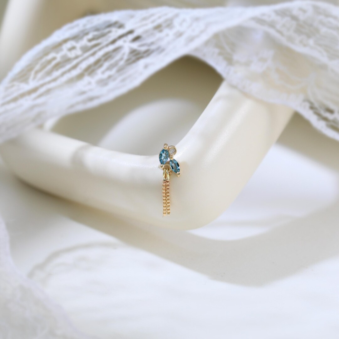 14K Solid Gold London Blue Topaz Moissanite Chain Dangle Earring ...