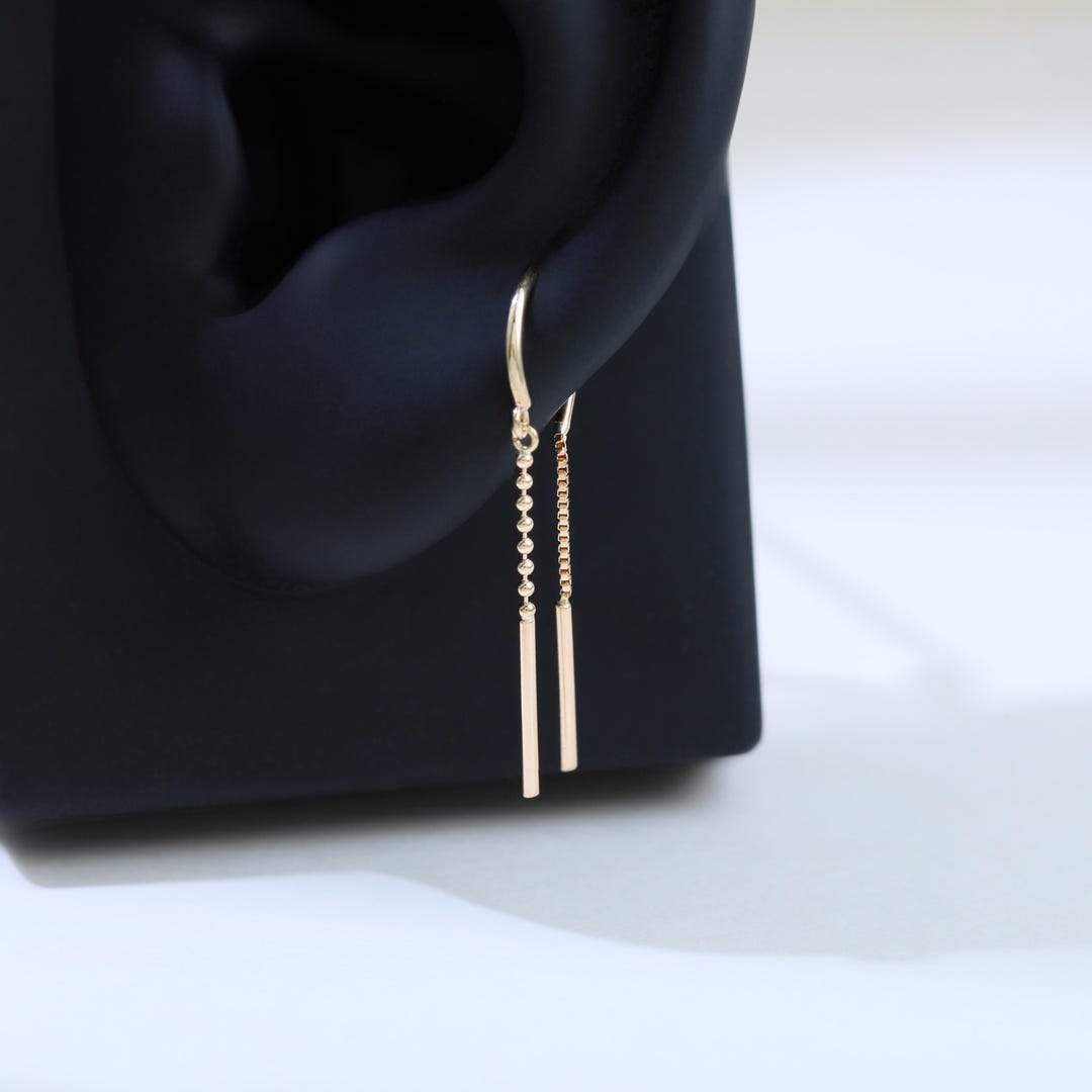 14k Solid Gold Dangle Bead Chain Hook Line Earring Box Chain Drop Bar ...