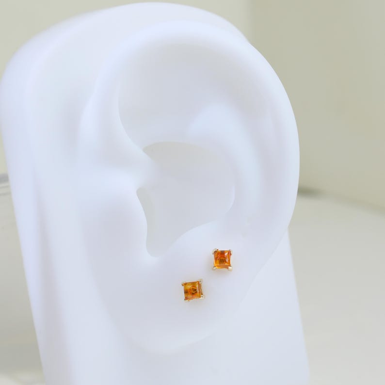 14K Solid Gold Amber Square Earring Minimalist Amber Stud Clear ...