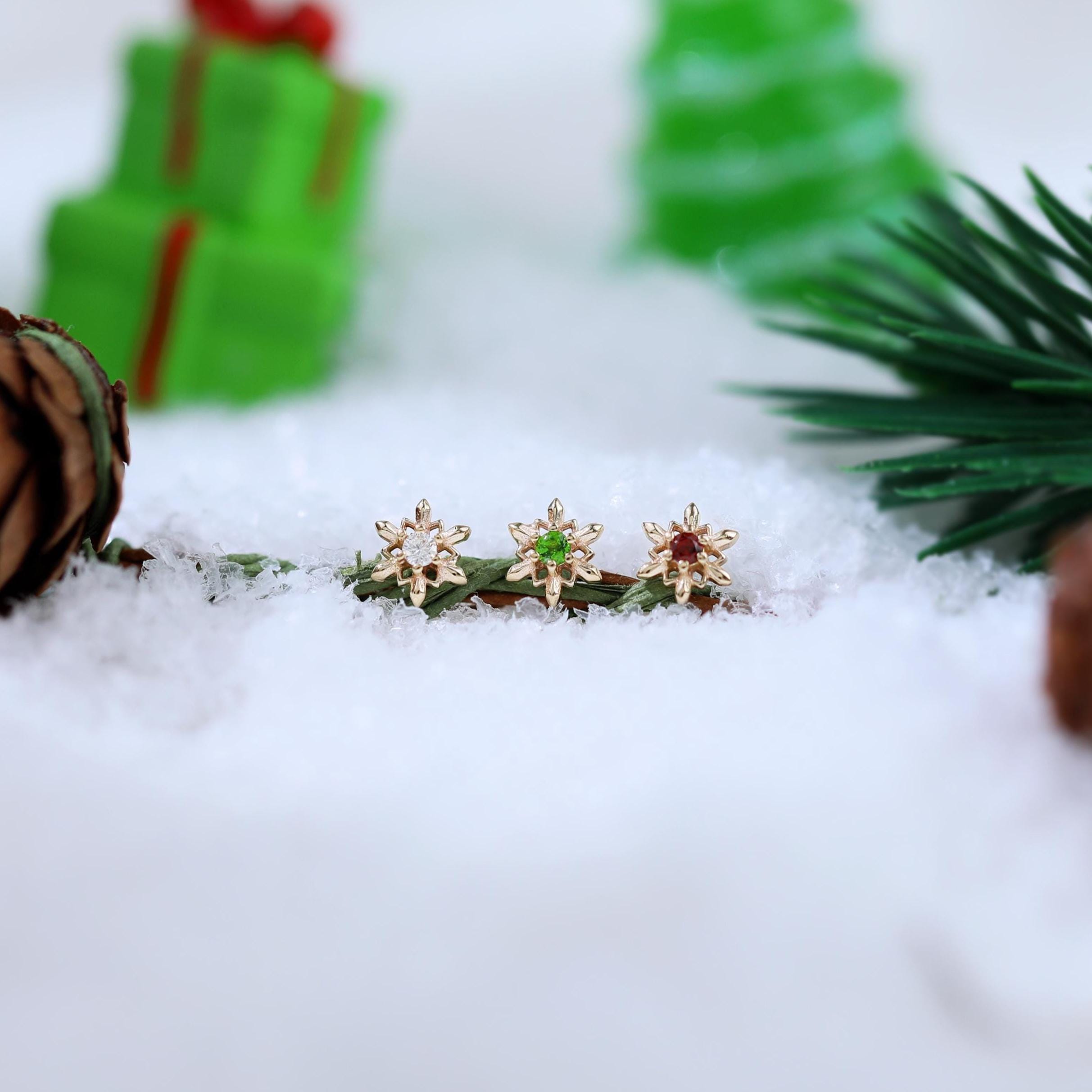 Christmas Snowflake 14K Solid Gold Stud: Moissanite, Garnet, Peridot ...