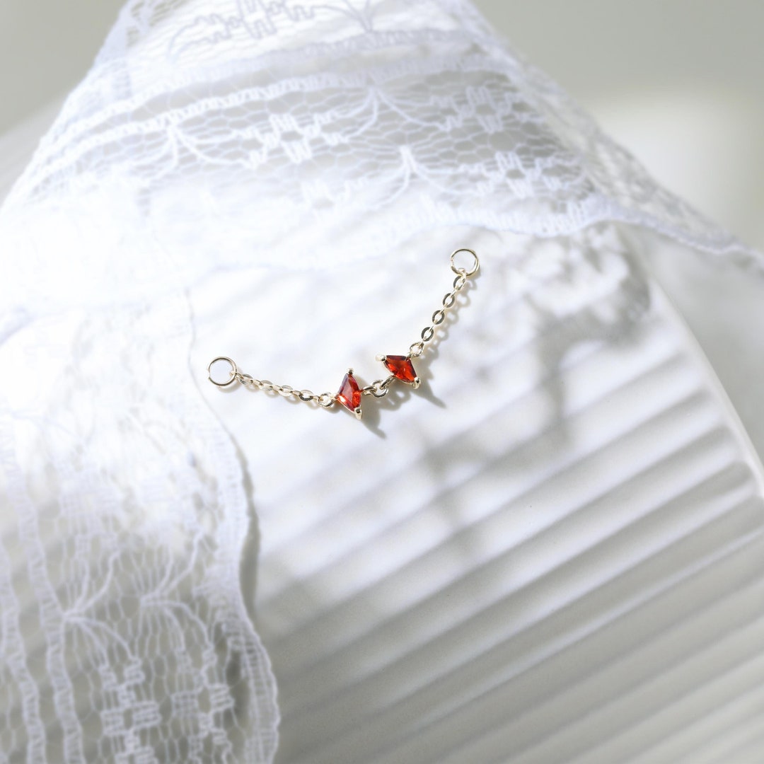 14K Solid Gold Garnet Fan Shape Chain Attachment Dainty Dangle Ear ...