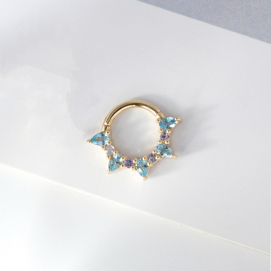 14K Solid Gold London Blue Topaz Hinged Clicker Seamless Tanzanite Nose ...