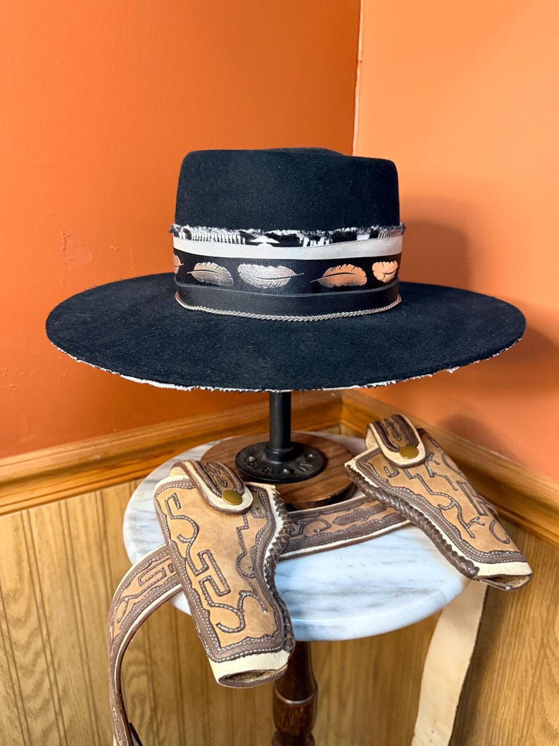 Black Flat Brim Hat With Feather Ribbon Band, Aztec Fabric Lining ...