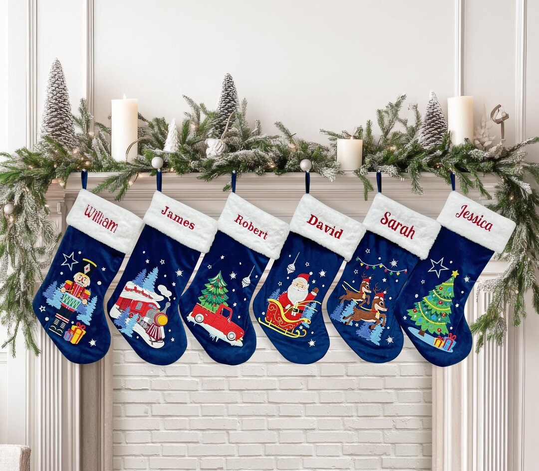 Christmas Stocking, Blue Velvet Embroidered Stocking, Custom Holiday ...