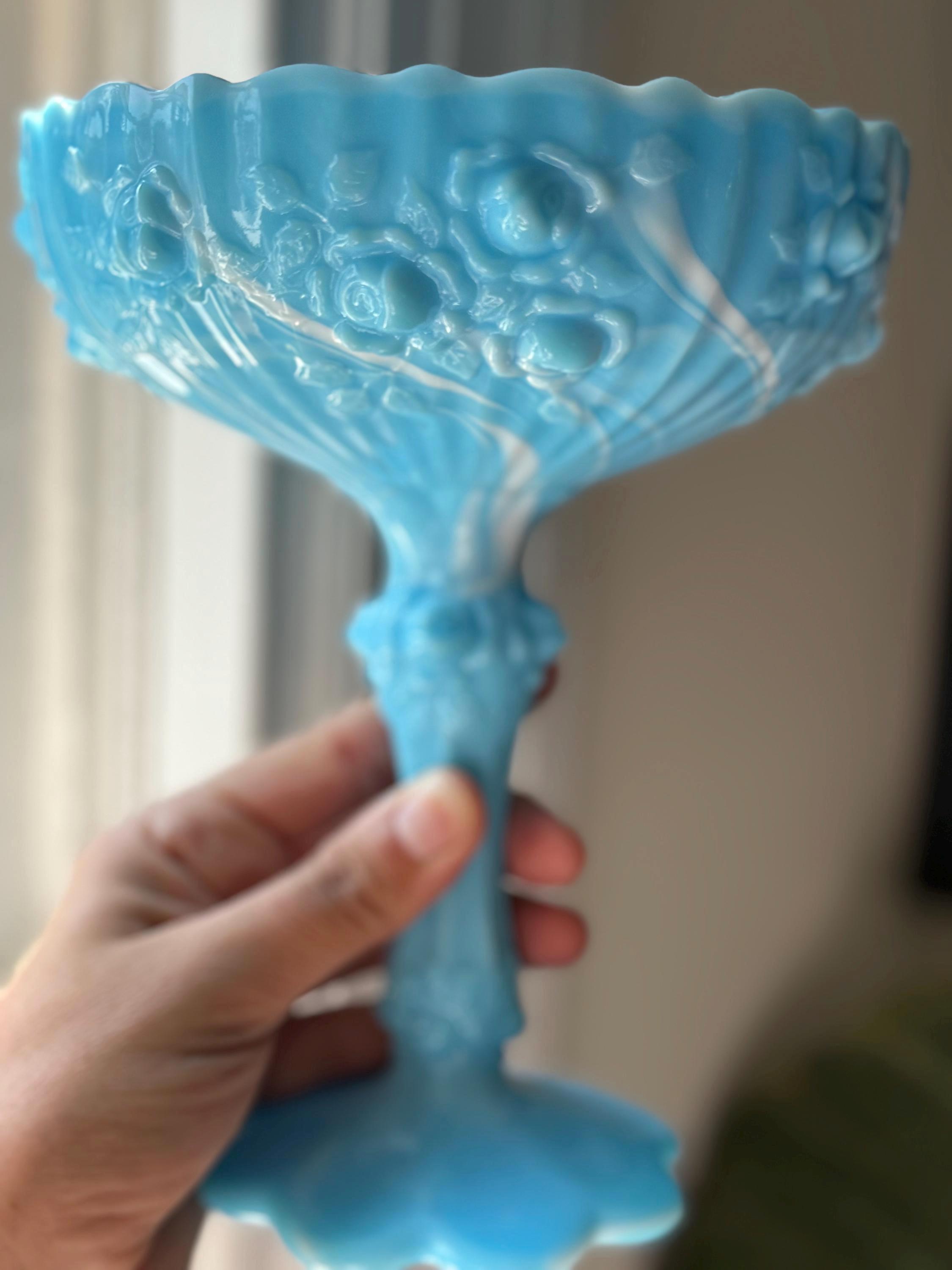 Vintage Fenton Light Blue Marble Slag Pedestal Compote Dish in Cabbage ...