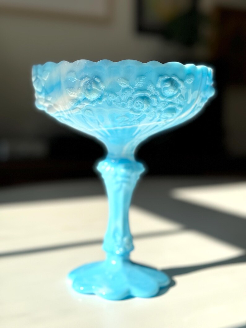 Vintage Fenton Light Blue Marble Slag Pedestal Compote Dish in Cabbage ...