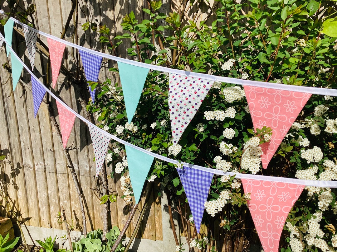Extra Long Bunting in Coral, Aqua and Lavender, Fabric Garland, Wedding ...