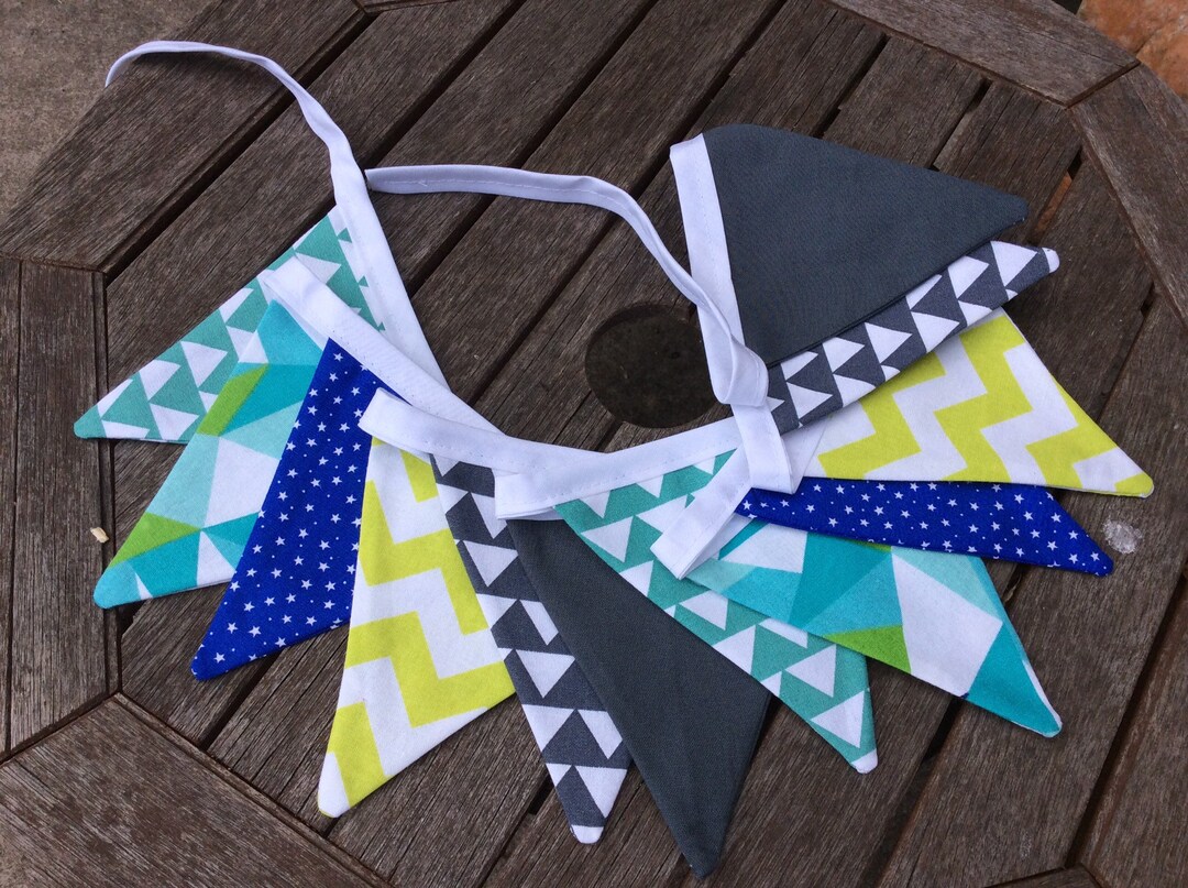 Grey and teal Bunting / fabric banner 12 small flag Fabric Garland ...