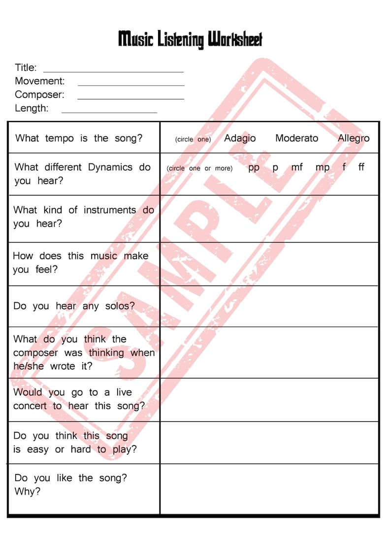Music Listening Worksheet for Students | General Music Class Activity ...