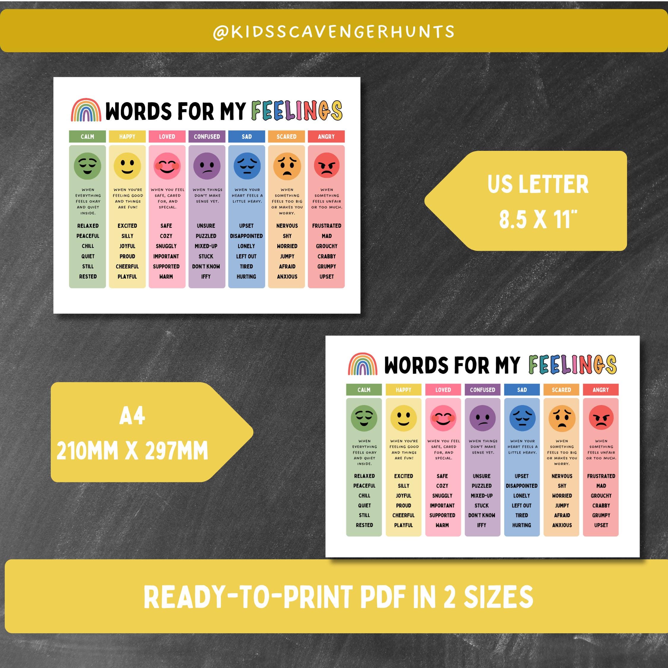 Printable Words for My Feelings Chart | Emotions Vocabulary Poster for ...
