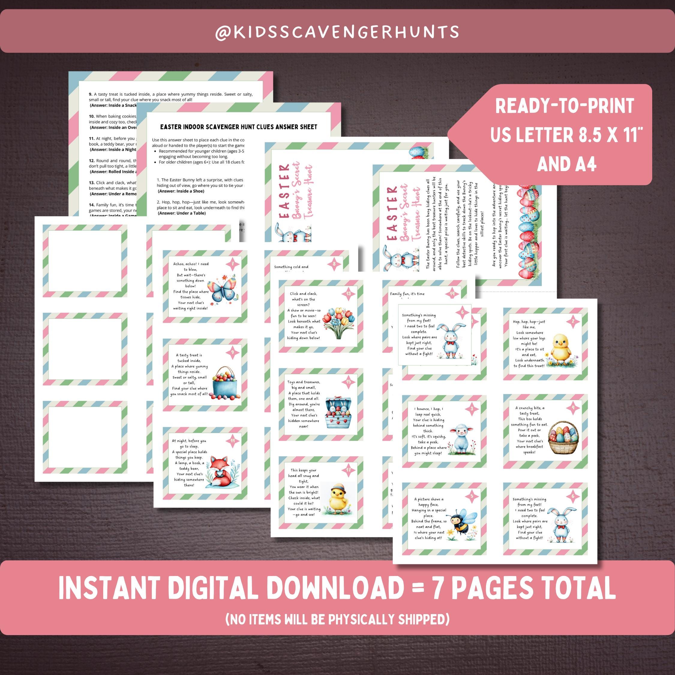 Printable Easter Bunny Scavenger Hunt | Indoor Treasure Hunt With Clues ...