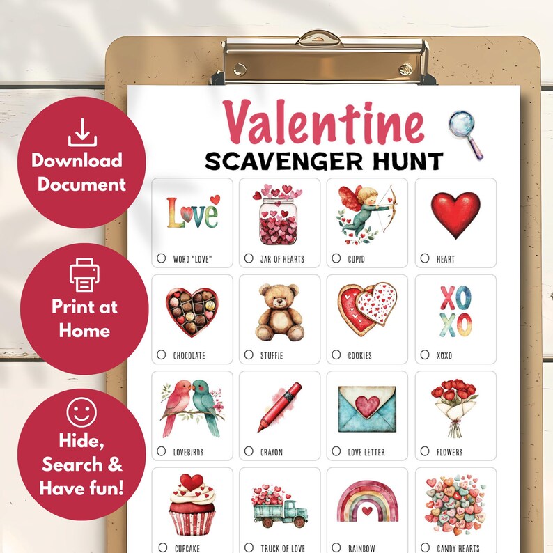 Printable Valentine's Day Scavenger Hunt | Kids Game | Family Party Fun ...