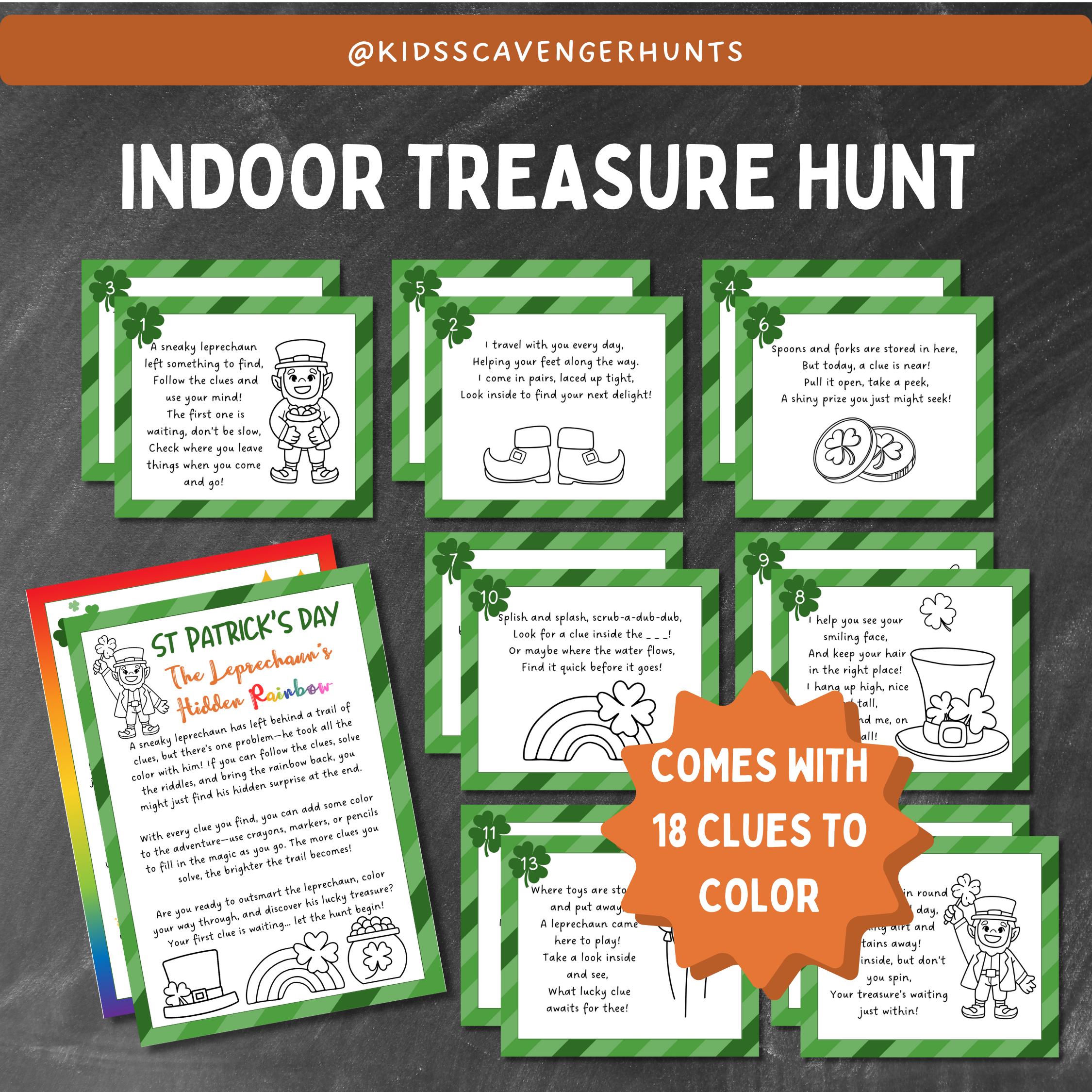 Printable St Patricks Day Indoor Scavenger Hunt | Colorable Clue ...