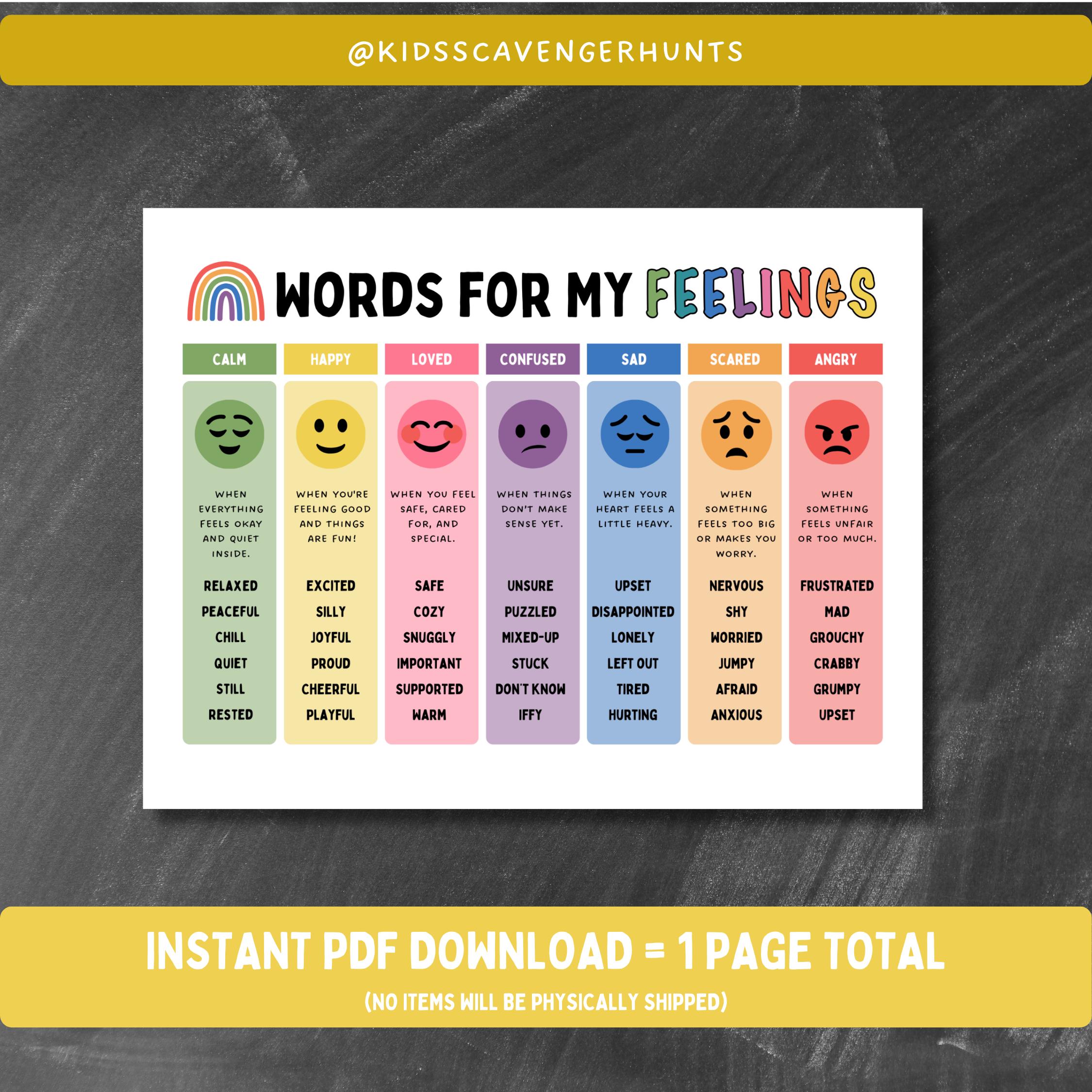 Printable Words for My Feelings Chart | Emotions Vocabulary Poster for ...
