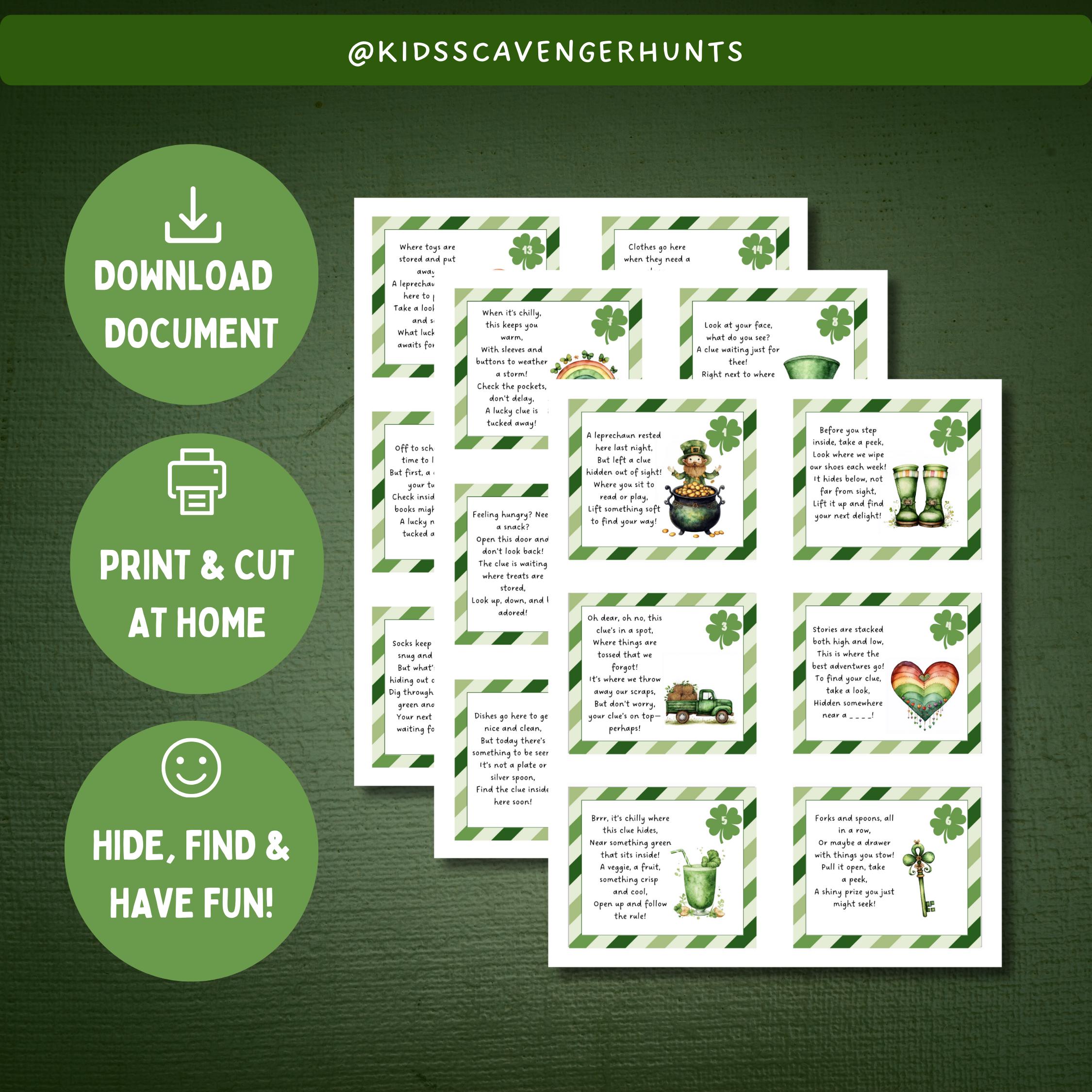 Printable St. Patrick’s Day Scavenger Hunt | Indoor Treasure Hunt With ...