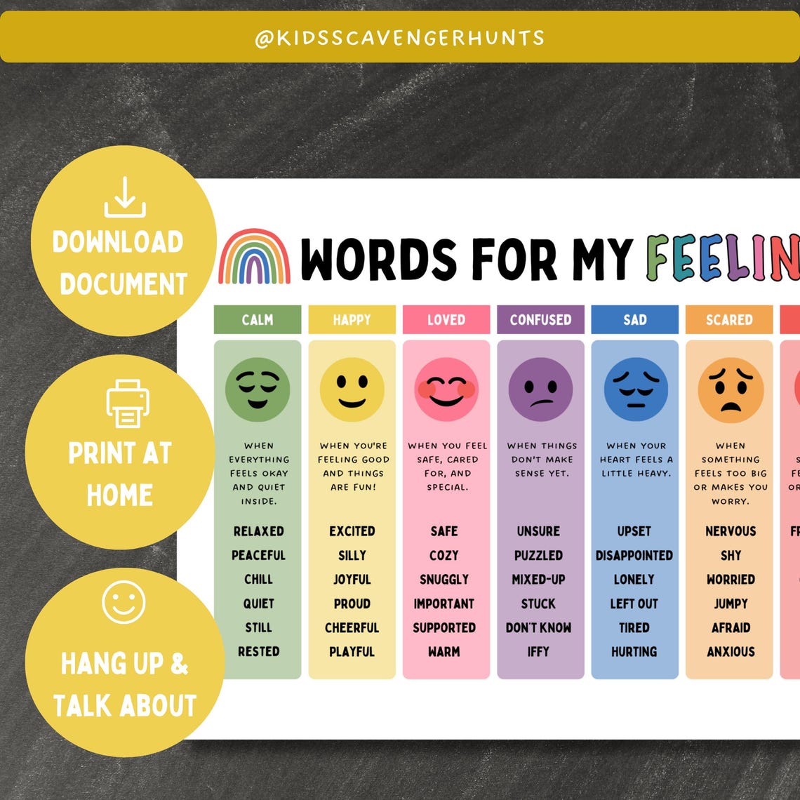 Printable Words for My Feelings Chart | Emotions Vocabulary Poster for ...