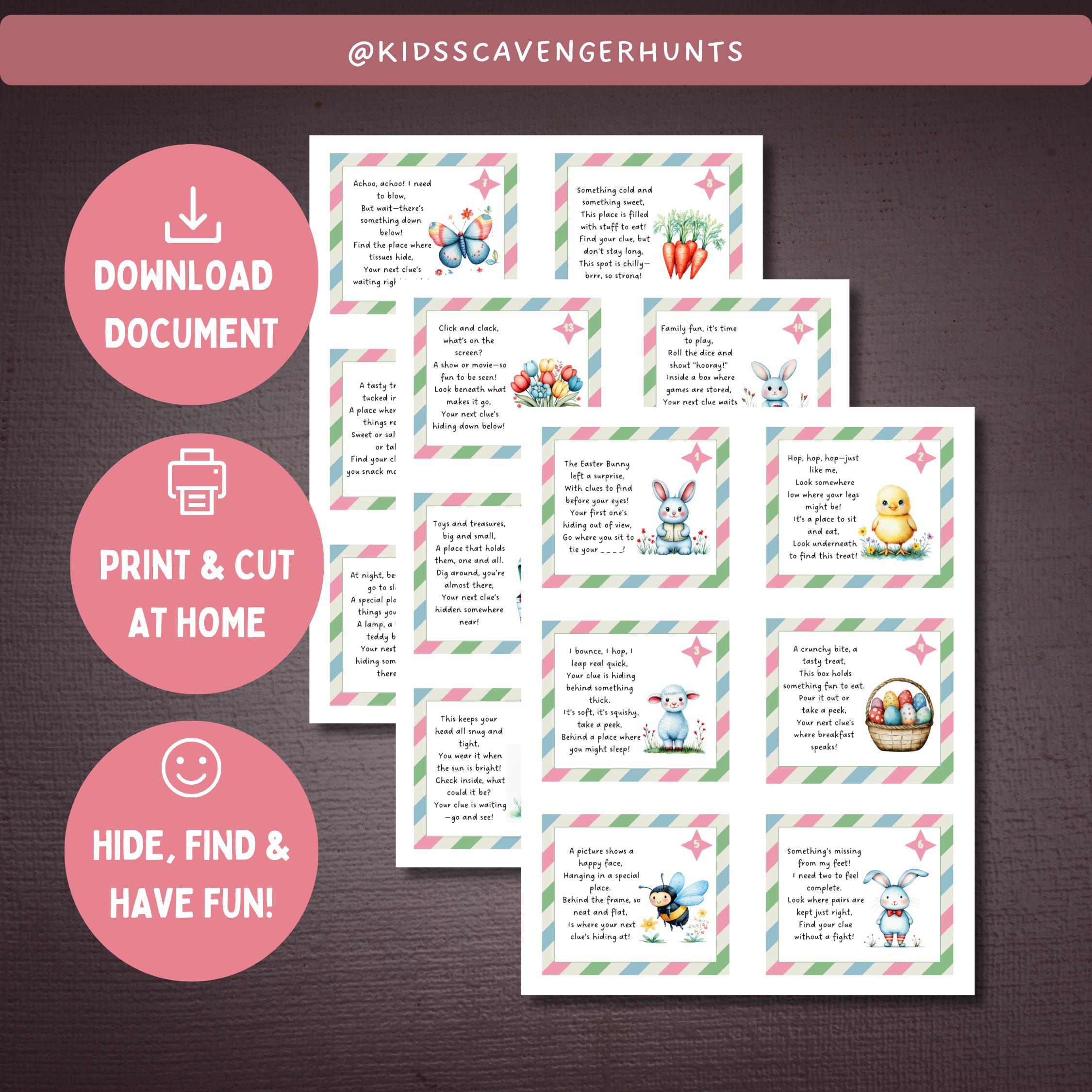Printable Easter Bunny Scavenger Hunt | Indoor Treasure Hunt With Clues ...