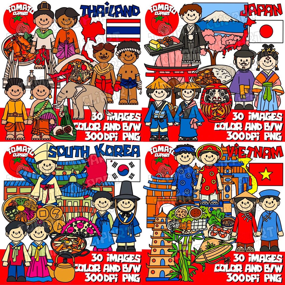 Asia Clipart Set/ Thailand/ Japan/ South Korea/ Vietnam/ Bundle Part1 ...