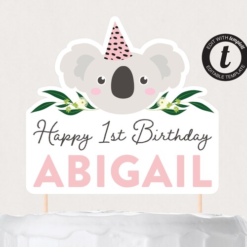 DIY EDITABLE TEMPLATE Koala Pink Birthday Cake Topper - Etsy