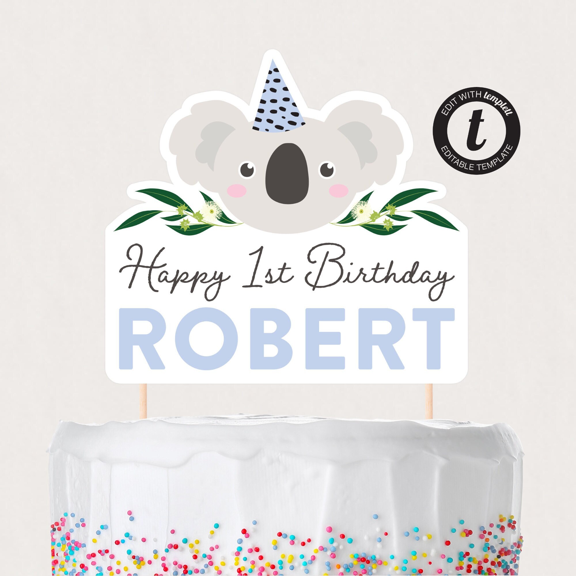 DIY EDITABLE TEMPLATE Koala Blue Birthday Cake Topper | Etsy