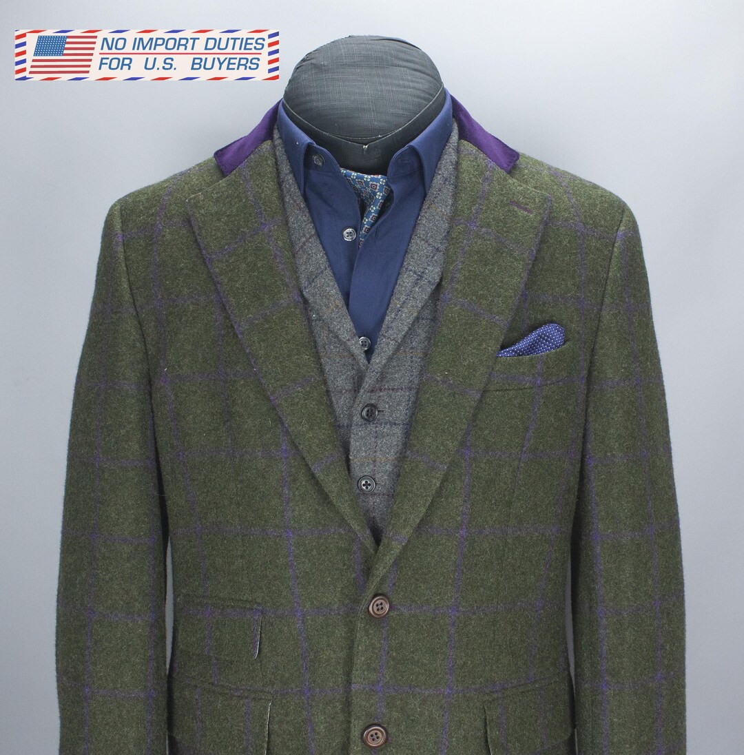 Scabal Mens Green Tweed Jacket With Violet Overcheck Size 52R Sport ...