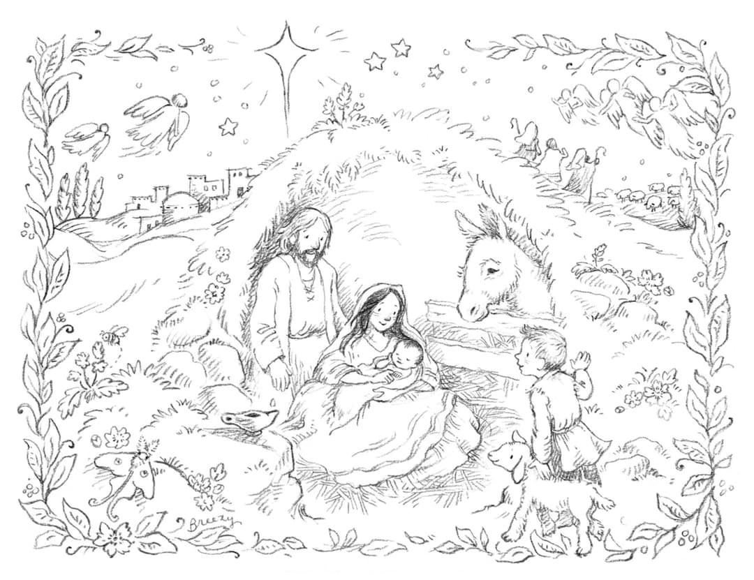 Silent Night Nativity Scene Coloring Page for Christmas Storybook Style ...