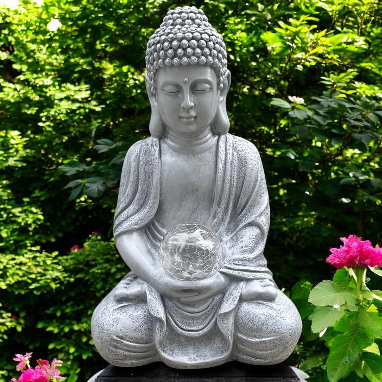 Solar Buddha Statue With LED Light | 12.8" Resin Sculpture for Home ...