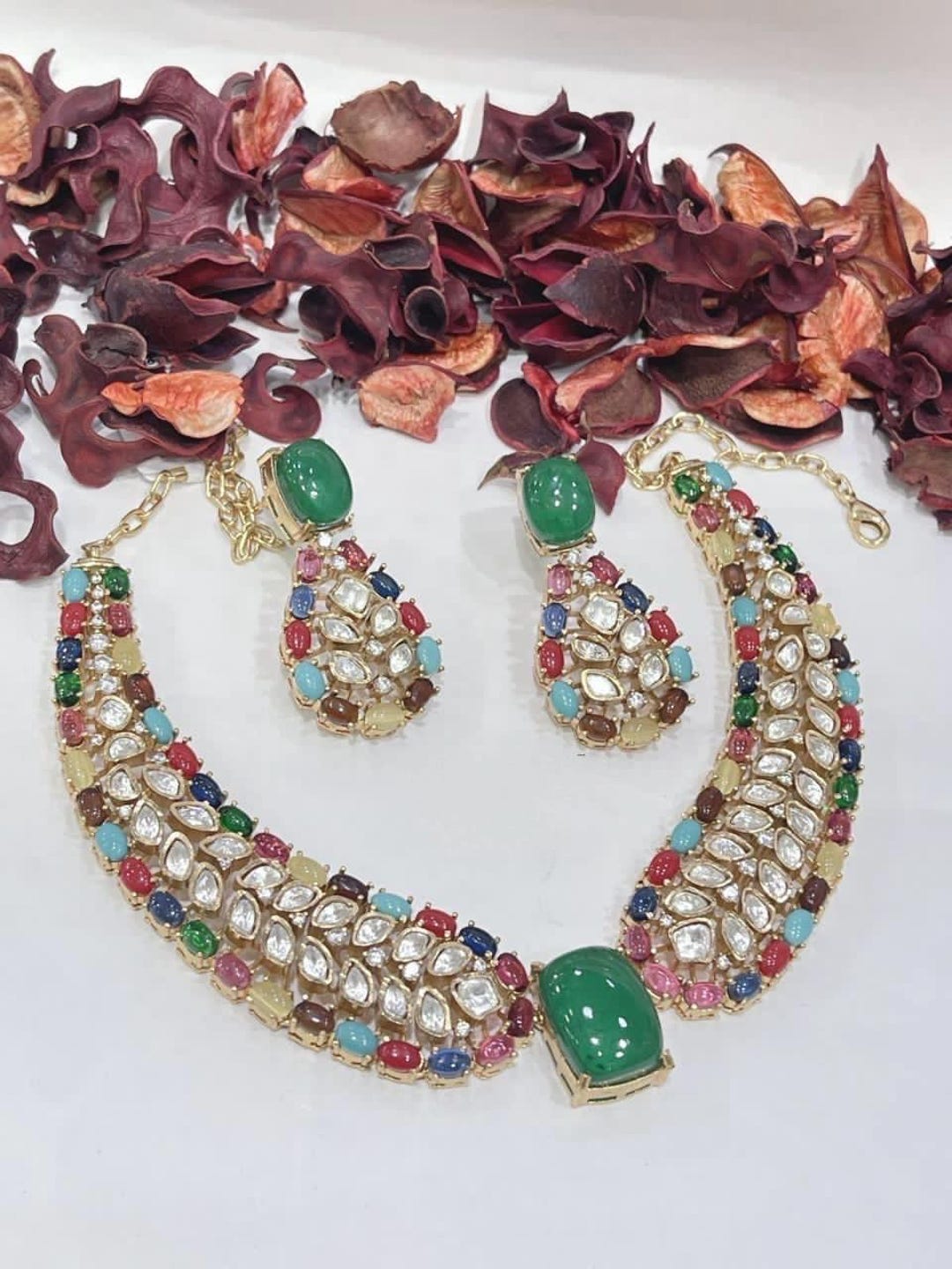 Gold Finish Emerald Green Polki Doublet Stones Uncut Moissanite Polki ...