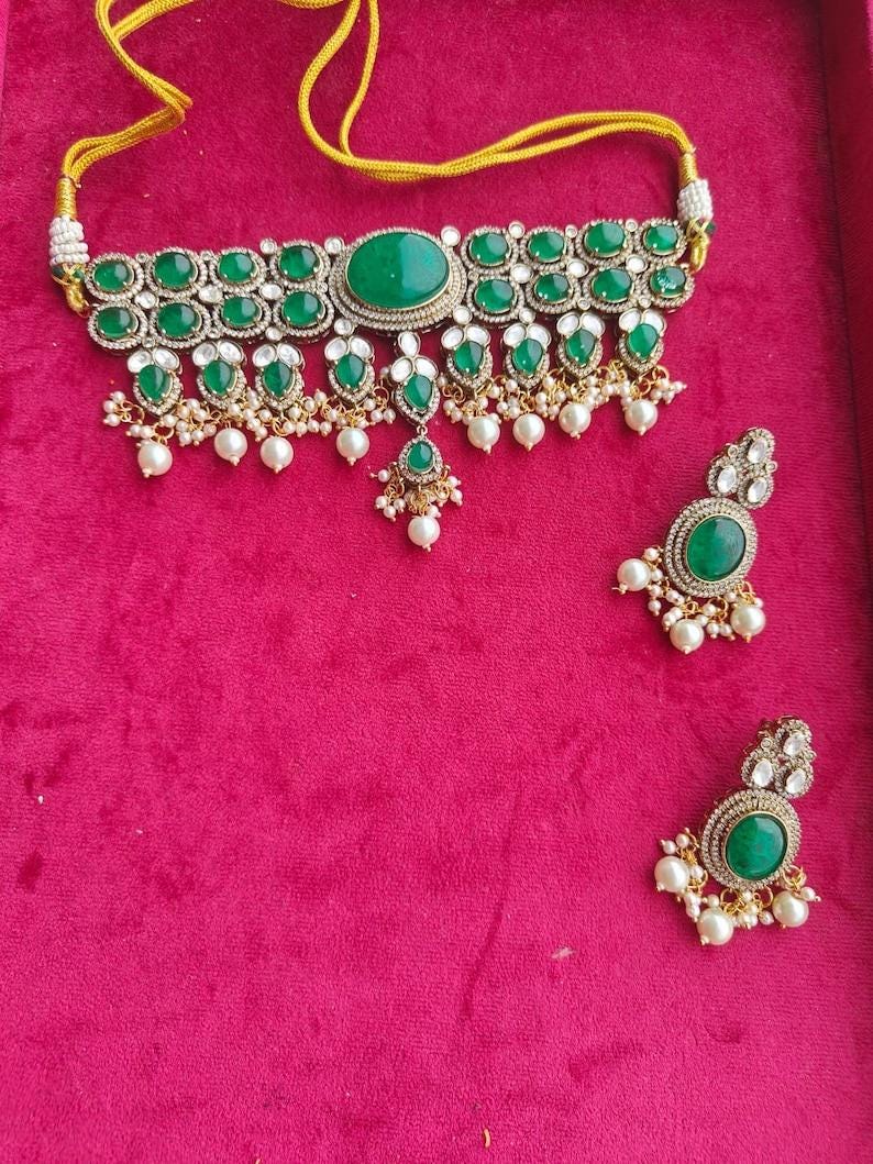 Sabyasachi Inspired Emerald Green Victorian Choker Set With Earrings ... Sabyasachi Inspired Emerald Green Victorian Choker Set With Earrings ...