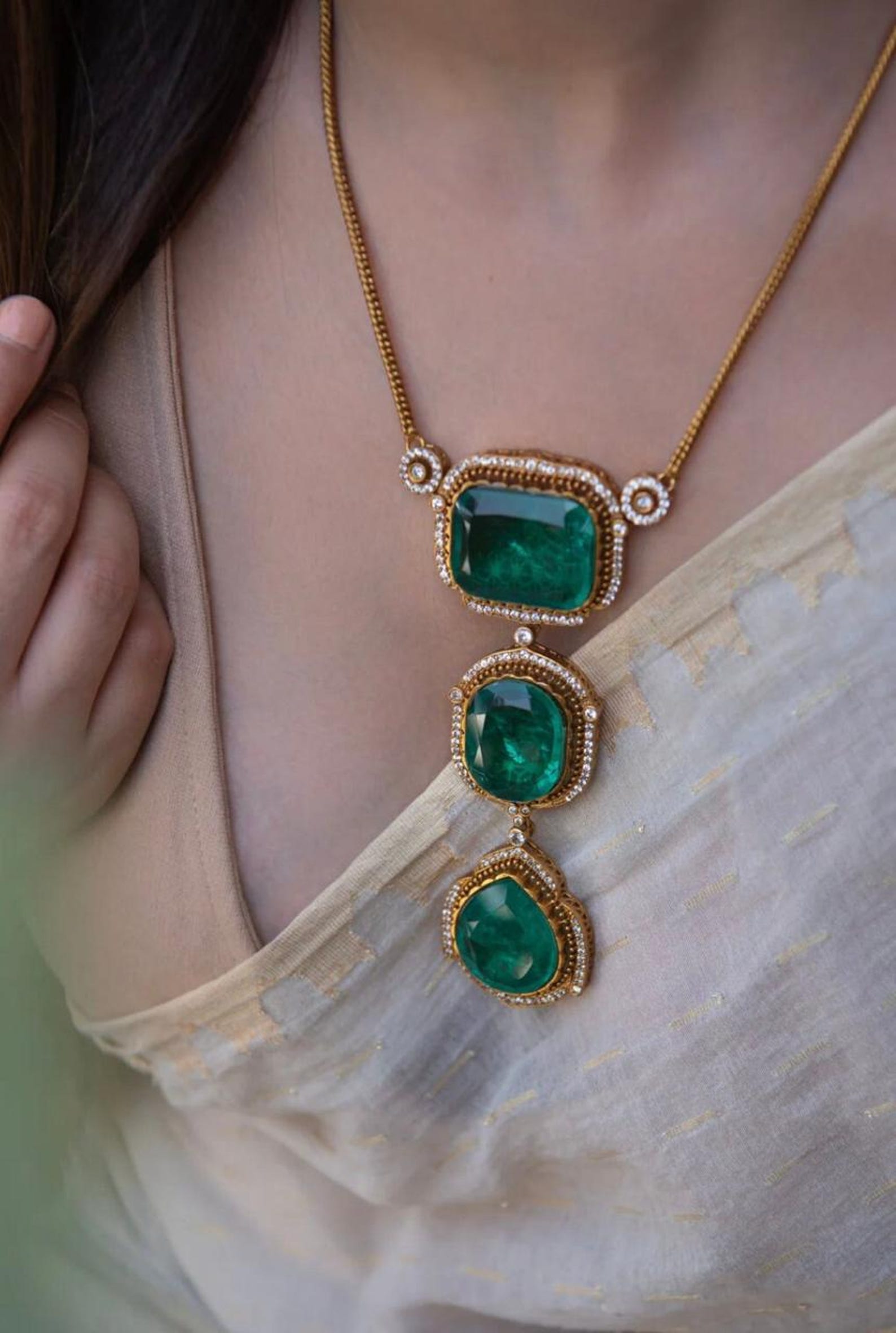 Emerald Three Pendant Set Indian Jewelry Gold Green Wedding Jewelry ...