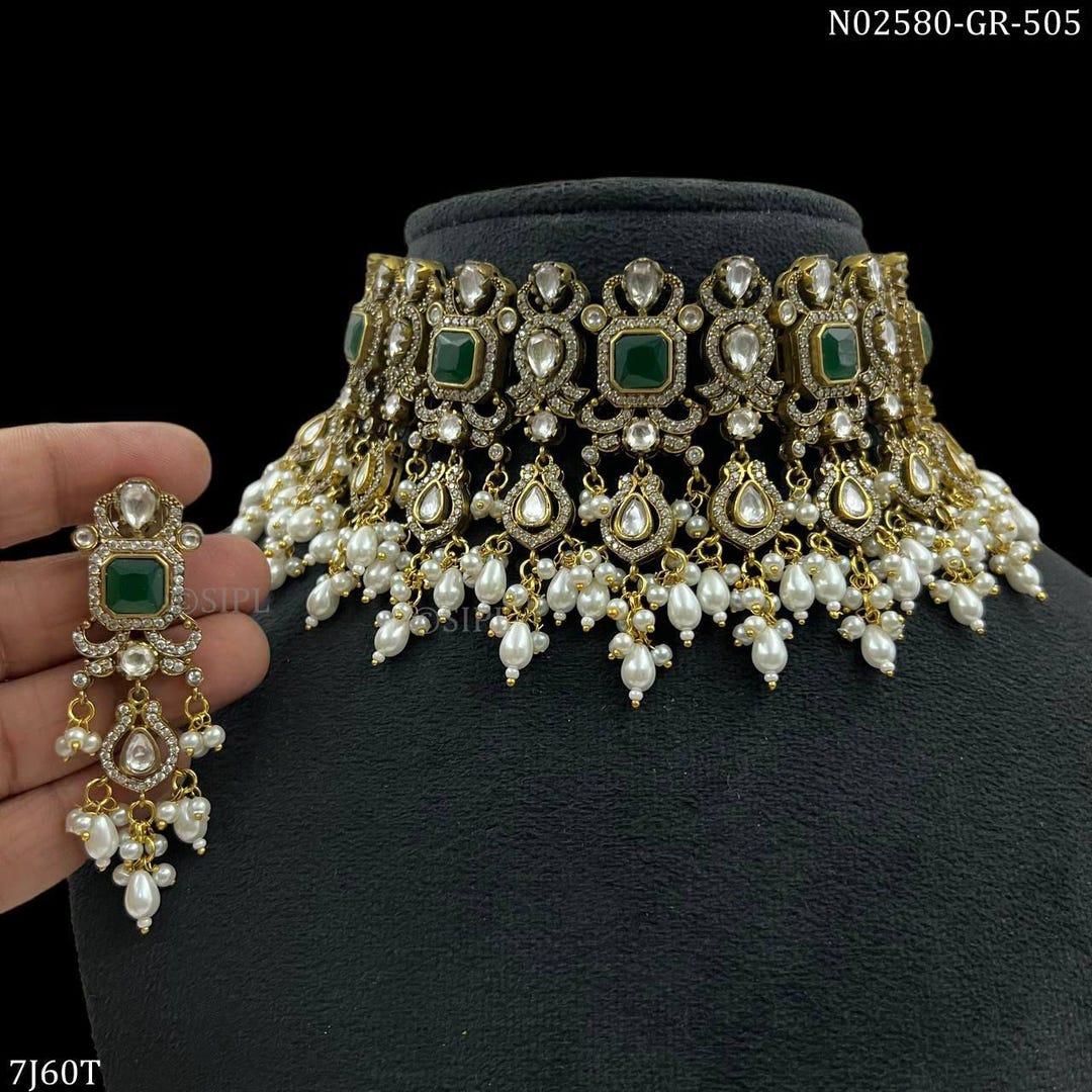 Victorian Polki Necklace Set With Earrings/ Polki Necklace Set ...